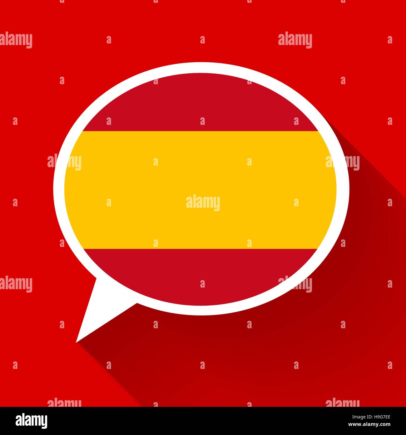 White speech bubble with Spain flag and long shadow on red background ...