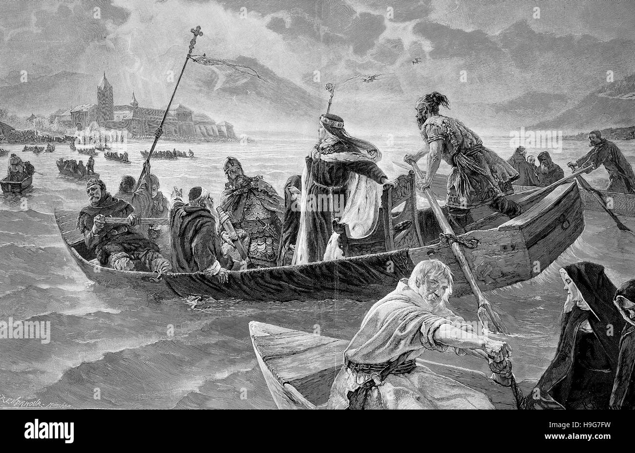 arrival of abbess Irmgard at Frauenchiemsee, Germany, in the year 894 ...
