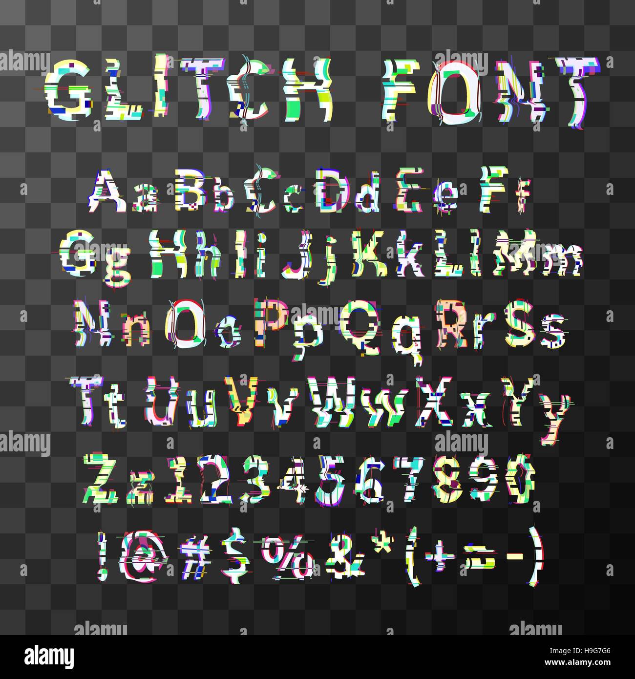Glitch Distortion Font Latin Alphabet Letters And Numbers Stock Vector