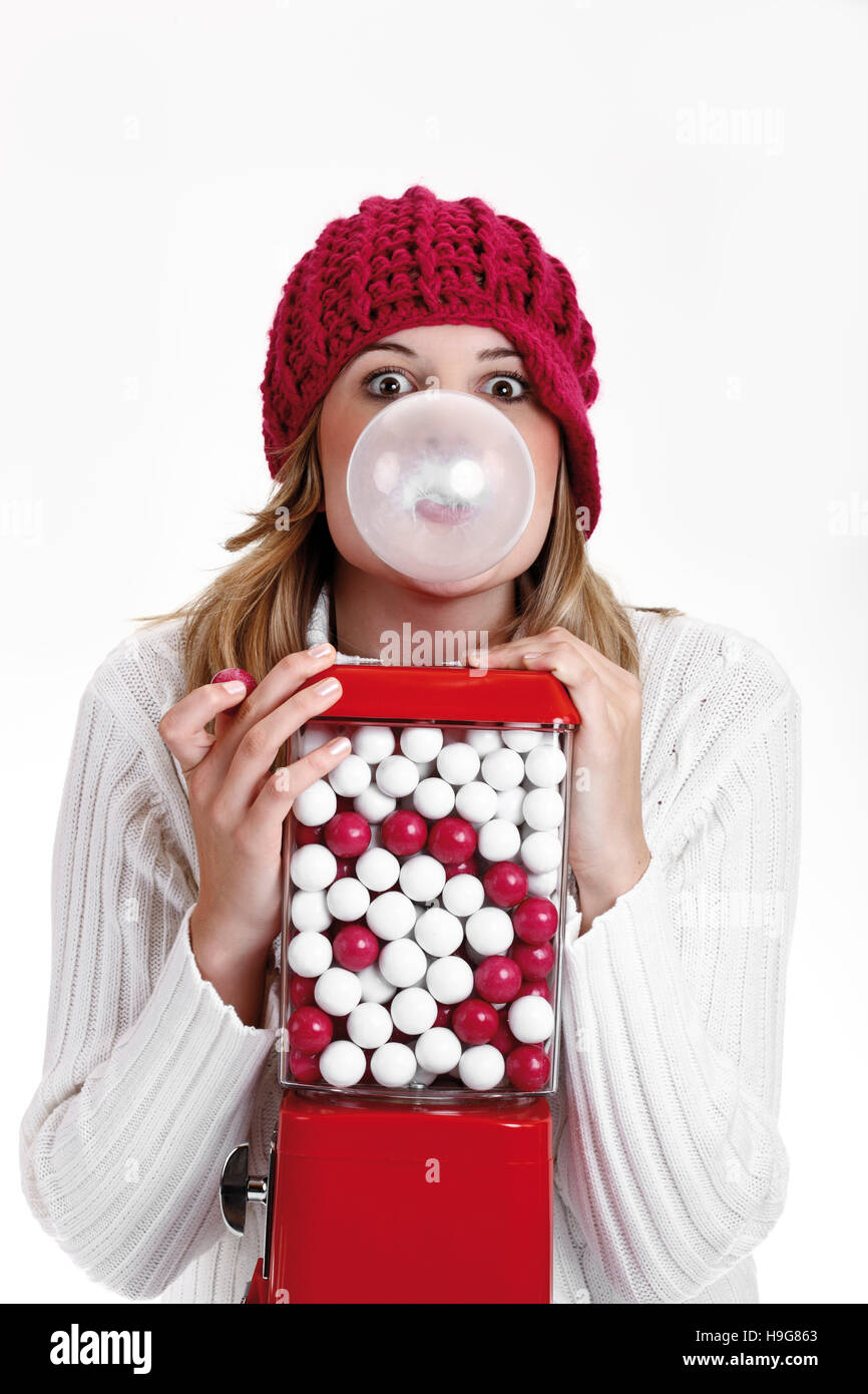 Woman blowing big bubble gum hi-res stock photography and images - Alamy