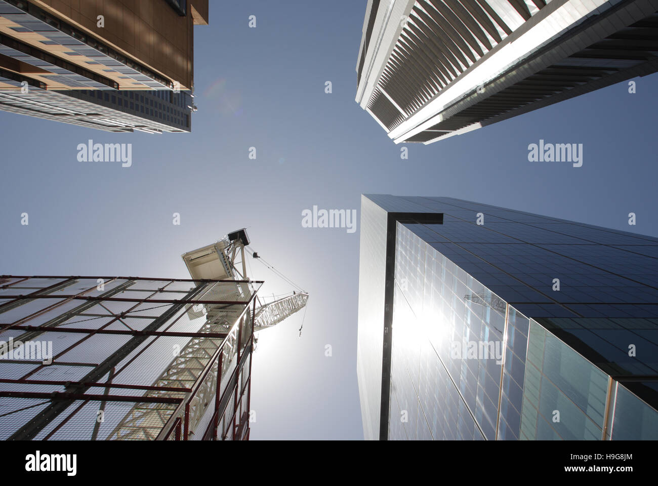 High-rise buildings and crane, worm's-eye view, Melbourne, Victoria ...