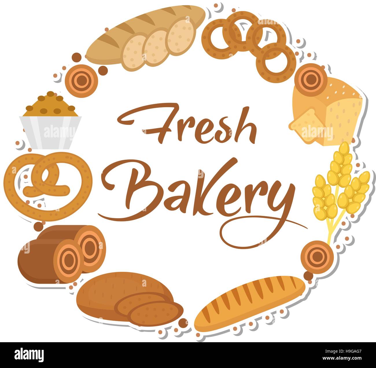 Bakery products frame, flat style. Set of different bread in a round ...