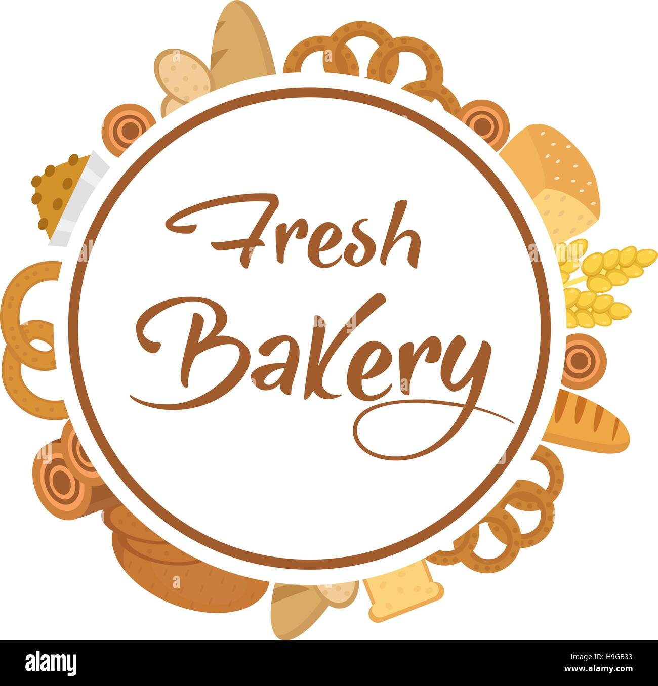 Bakery products frame, flat style. Set of different bread in a round ...