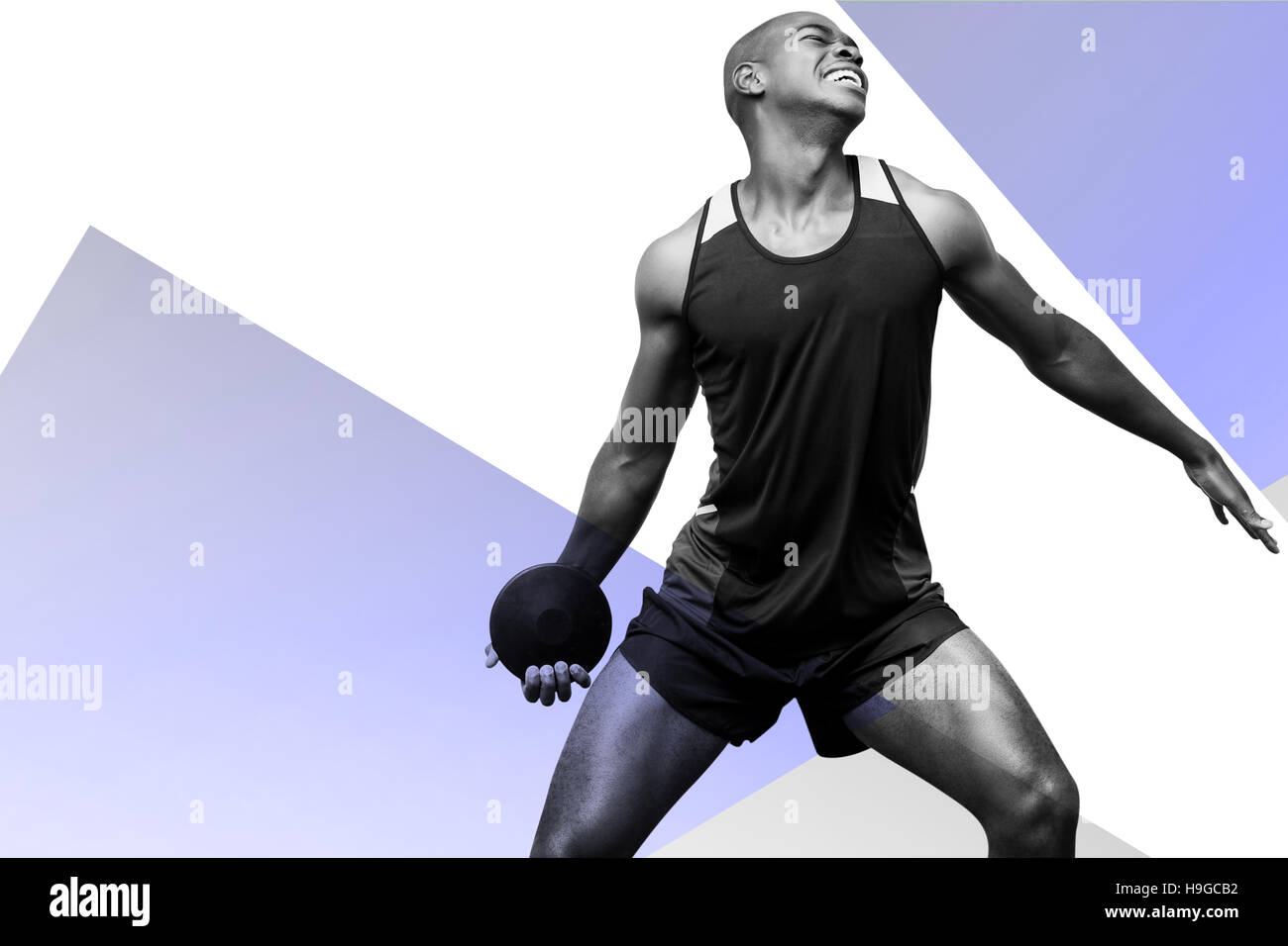 Composite image of front view of sportsman practising discus throw ...