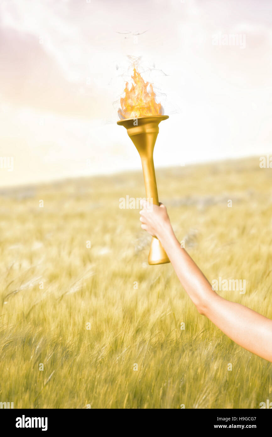 Composite image of rear view of sportswoman raising a cup Stock Photo ...