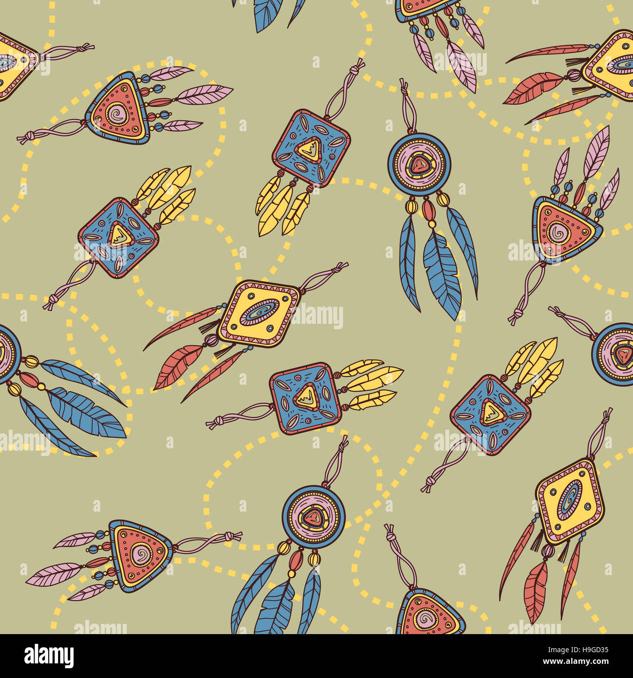 Dreamcatcher, feathers and beads in one seamless pattern. Native ...