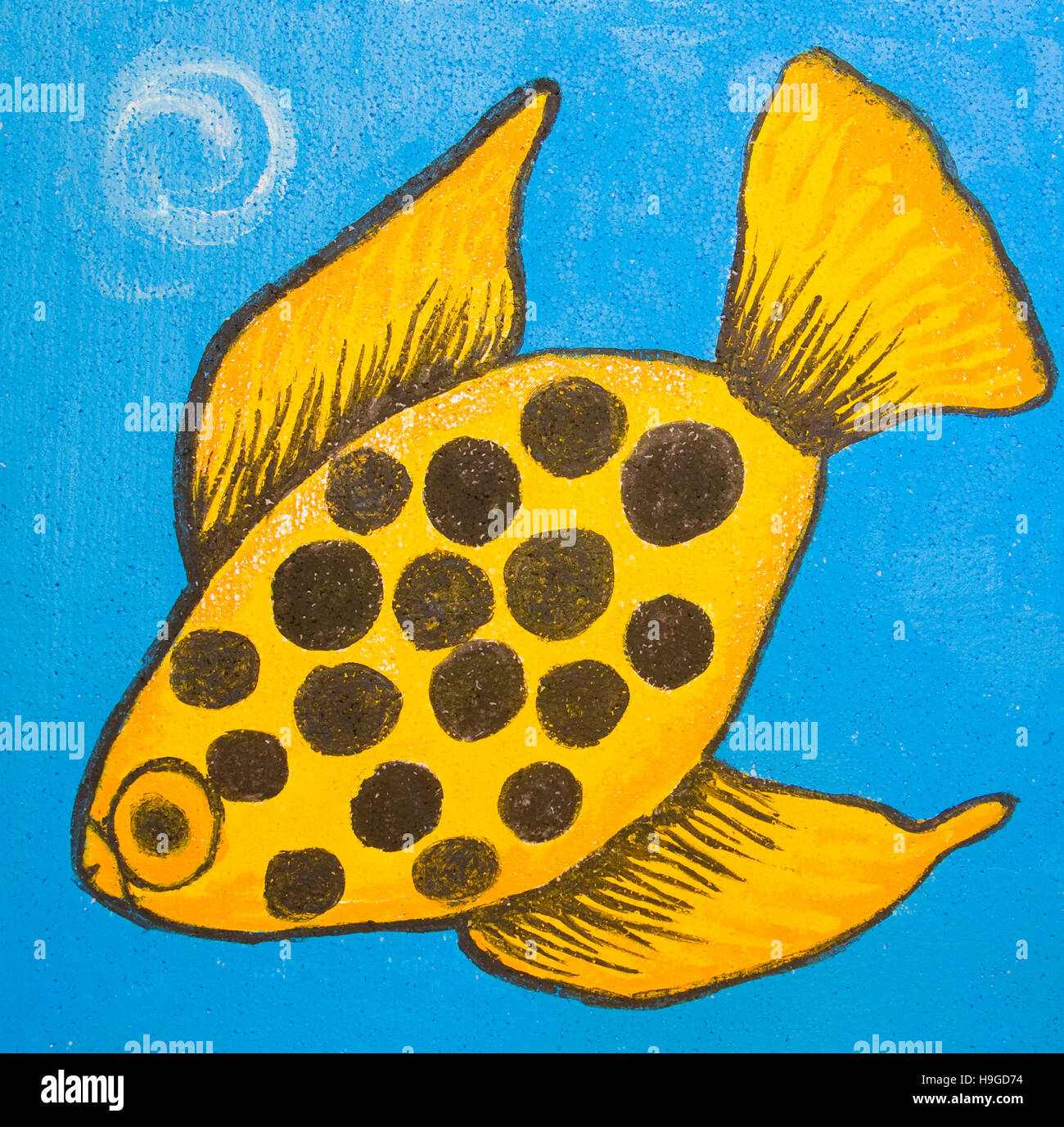Yellow fish on blue background, painting illustration, acrylic Stock ...