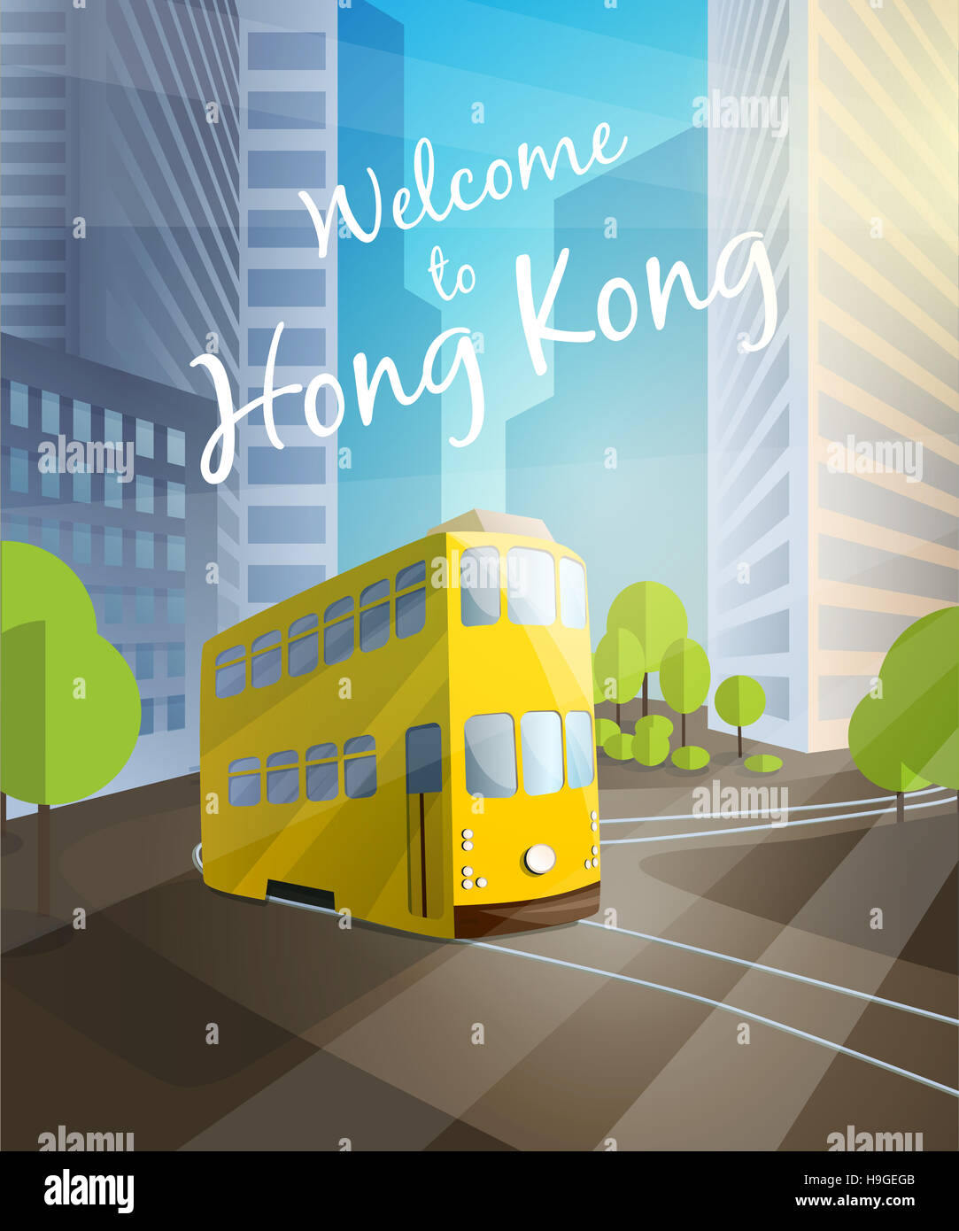 Welcome to Hong Kong. Poster with traditional tram on city background ...