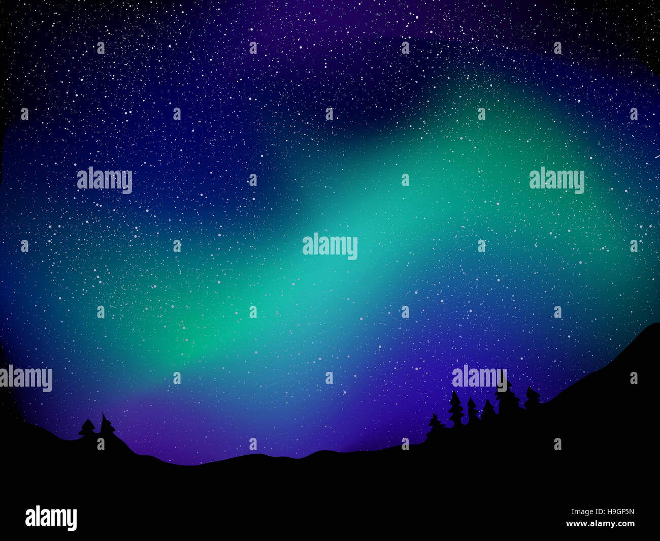 Northern lights. Background with night sky, stars and forest Stock ...