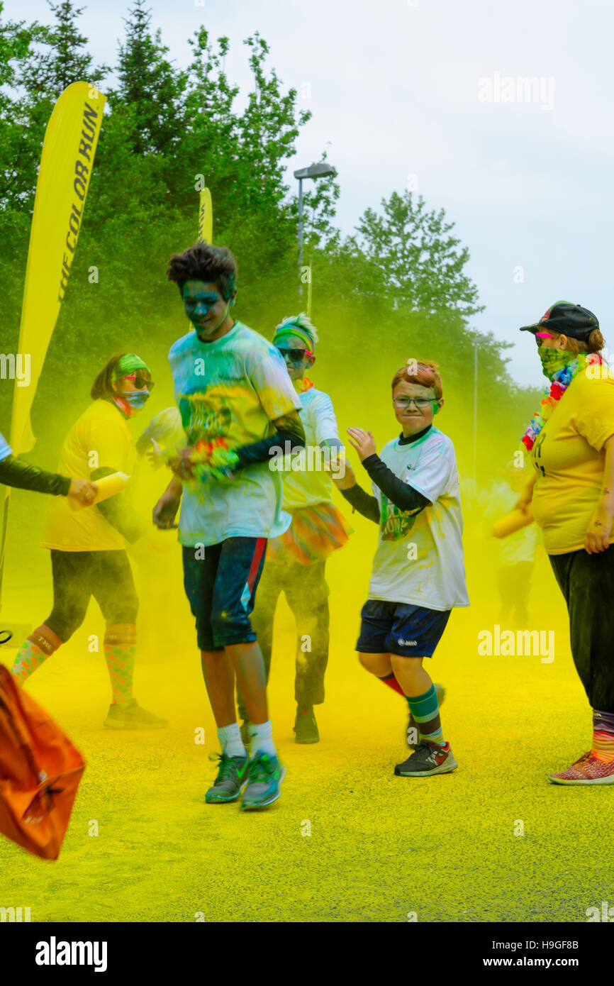 REYKJAVIK, ICELAND - JUNE 11, 2016: People take part in the color run ...