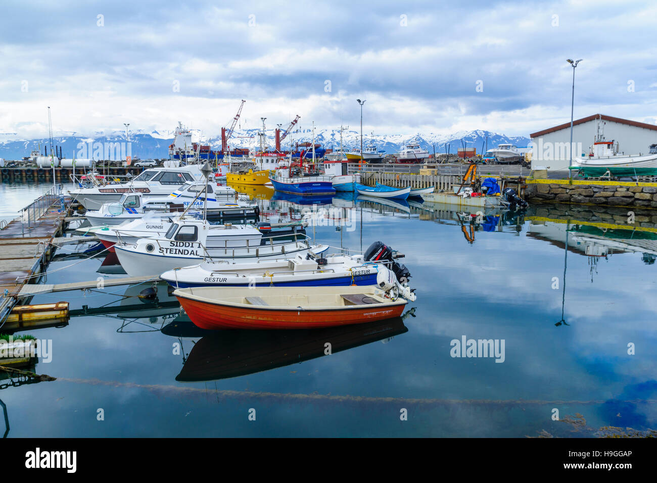HUSAVIK, ICELAND - JUNE 17, 2016: View of the fishing harbor of Husavik ...