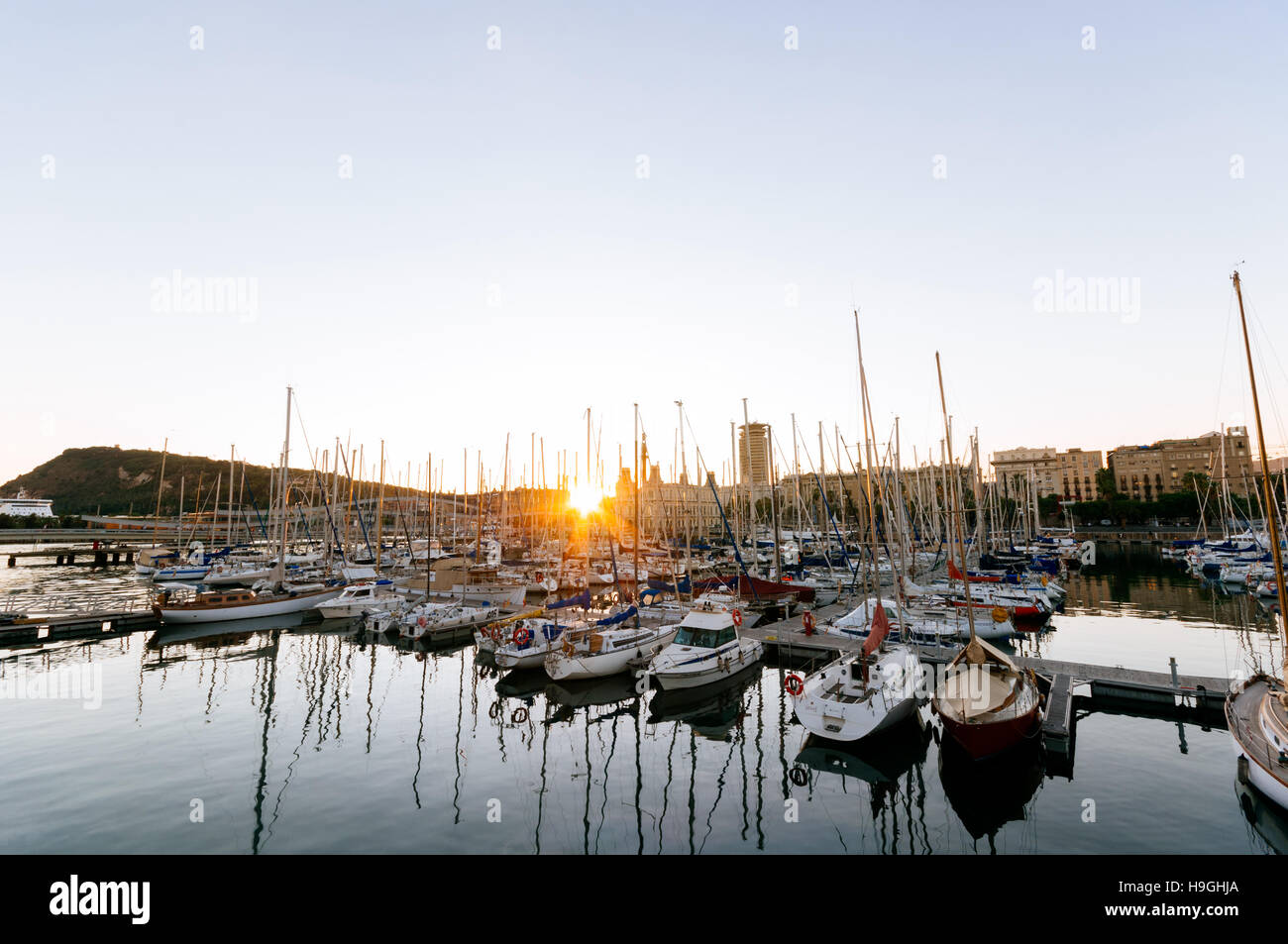 Barcelona, Spain - Oct.10 2011: Sunset over Port Vell in Barcelona ...
