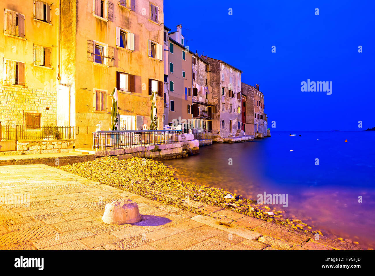 Rovinj beach and waterfront evening view, Istria, Croatia Stock Photo ...
