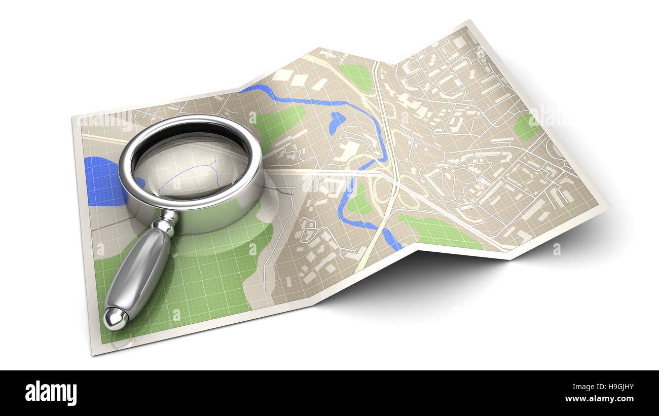 3d illustration of find on map concept or icon, over white background ...