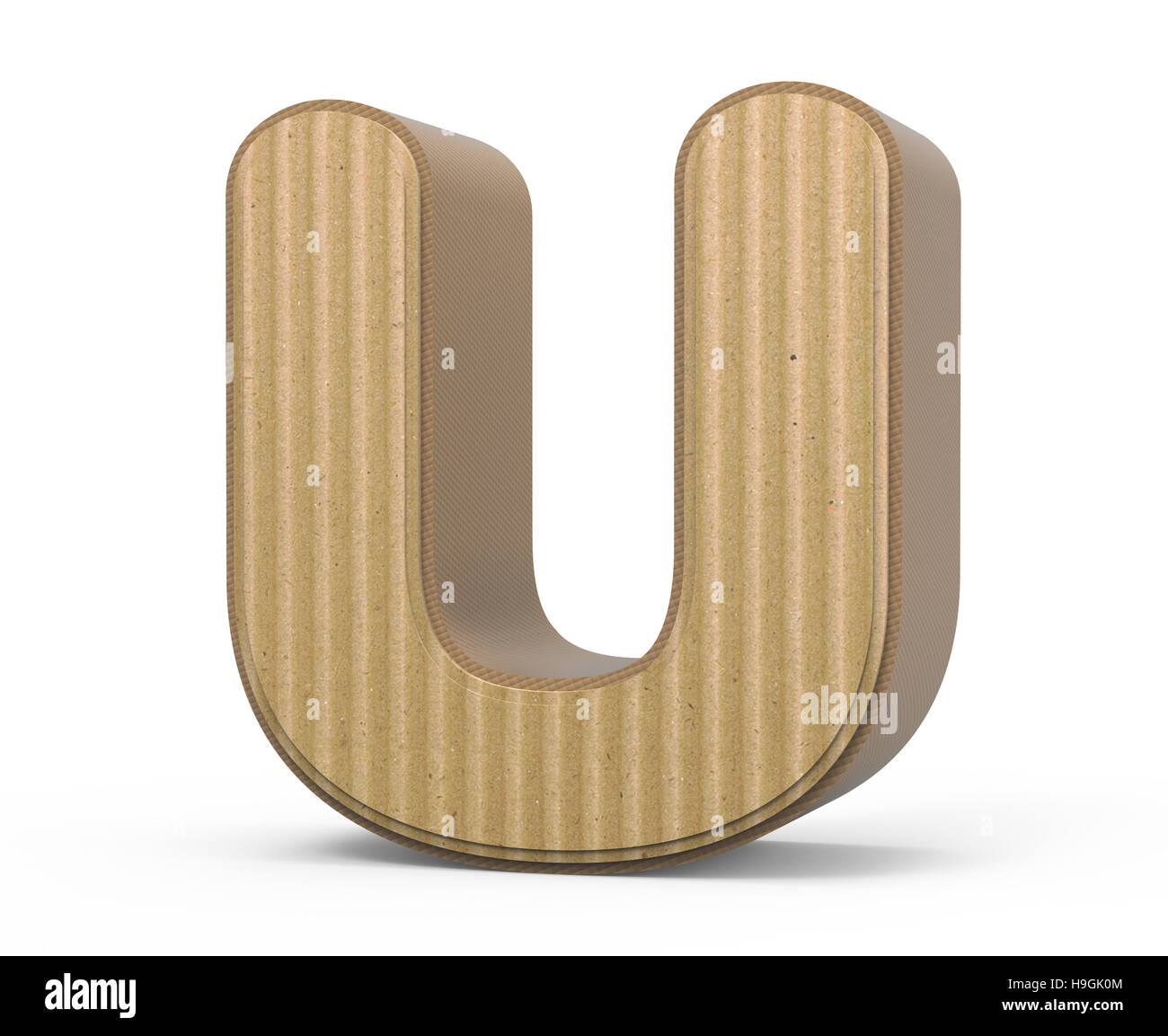 right tilt corrugated cardboard letter U, 3D rendering graphic isolated ...