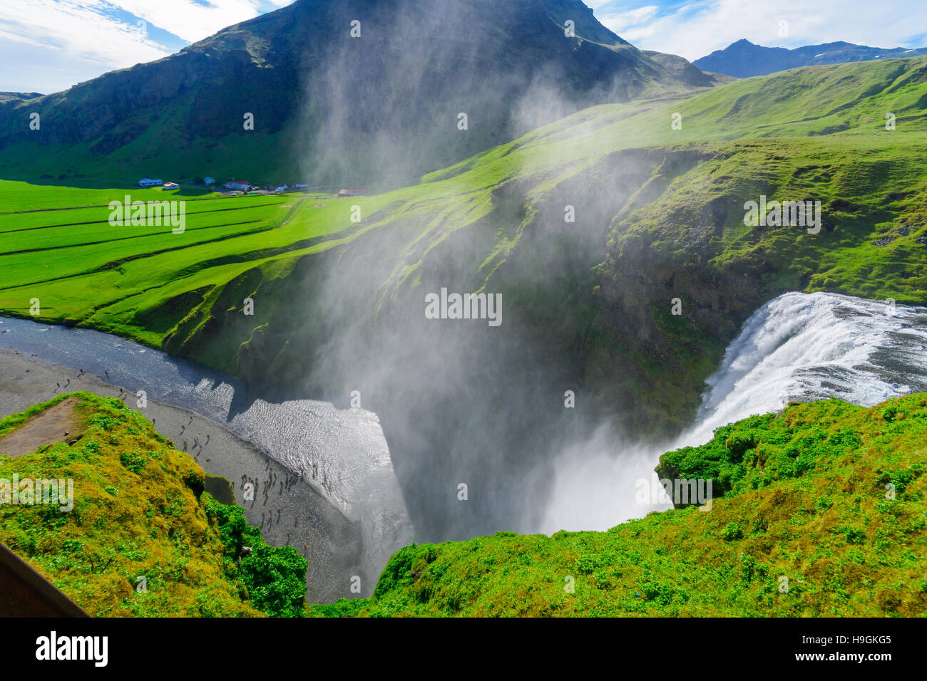 View of the Skogafoss waterfall and the Skoga River from above, in ...