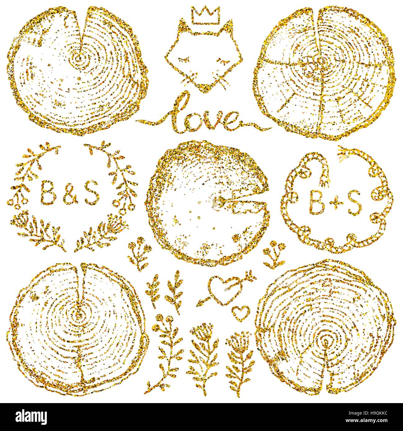 Vector wood splits set with decorative elements isolated on white ...