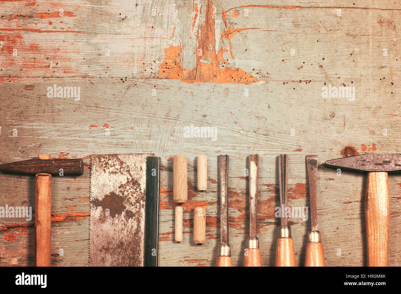 overhead of a set of vintage carpenter tools Stock Photo - Alamy