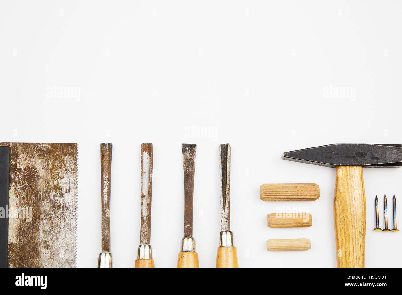 overhead of a set of vintage carpenter tools Stock Photo - Alamy