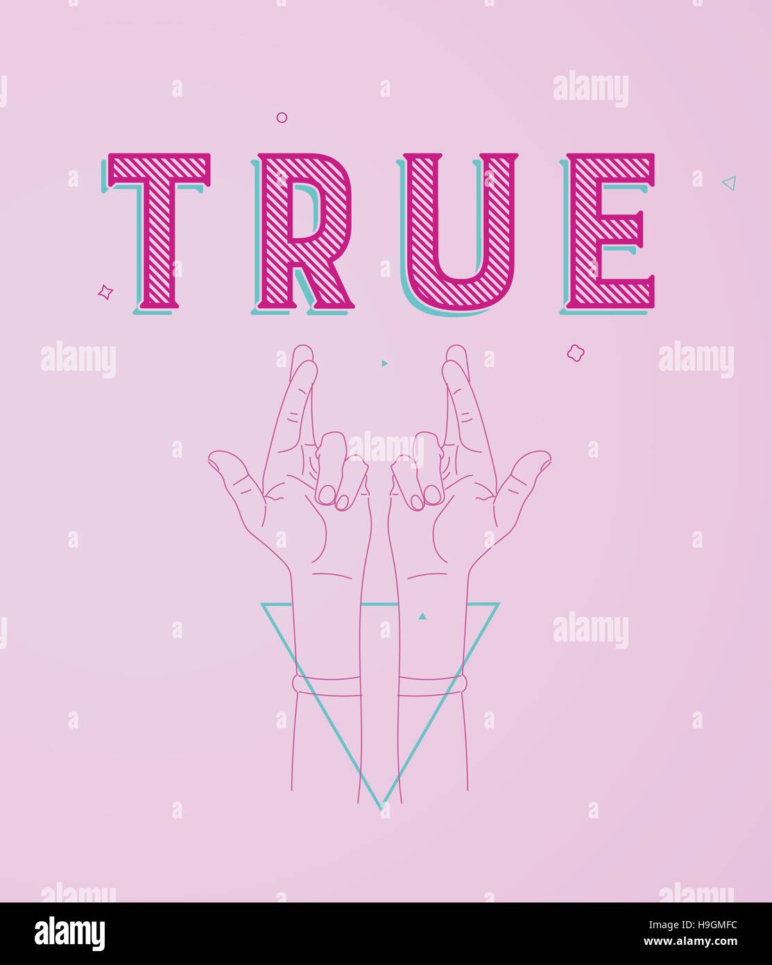 crossed fingers, a symbol of true, with text and geometrical shapes ...