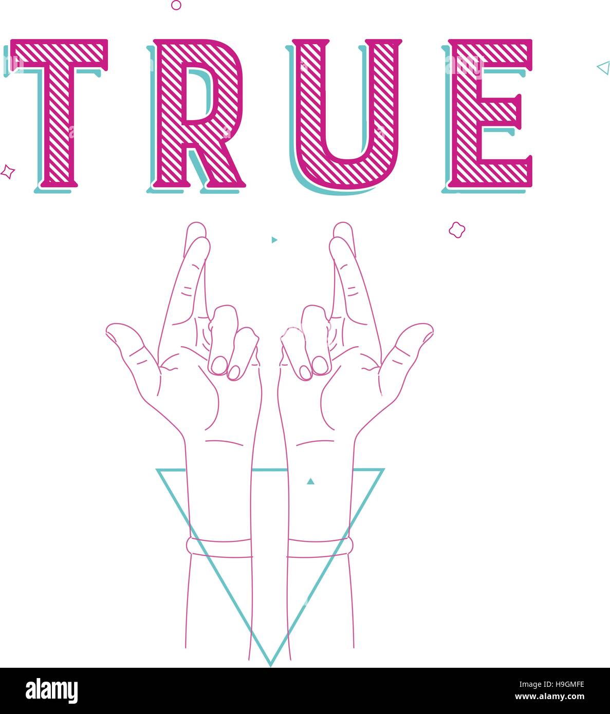 crossed fingers, a symbol of true, with text and geometrical shapes ...