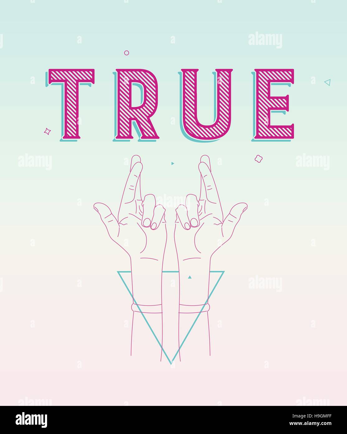 crossed fingers, a symbol of true, with text and geometrical shapes ...