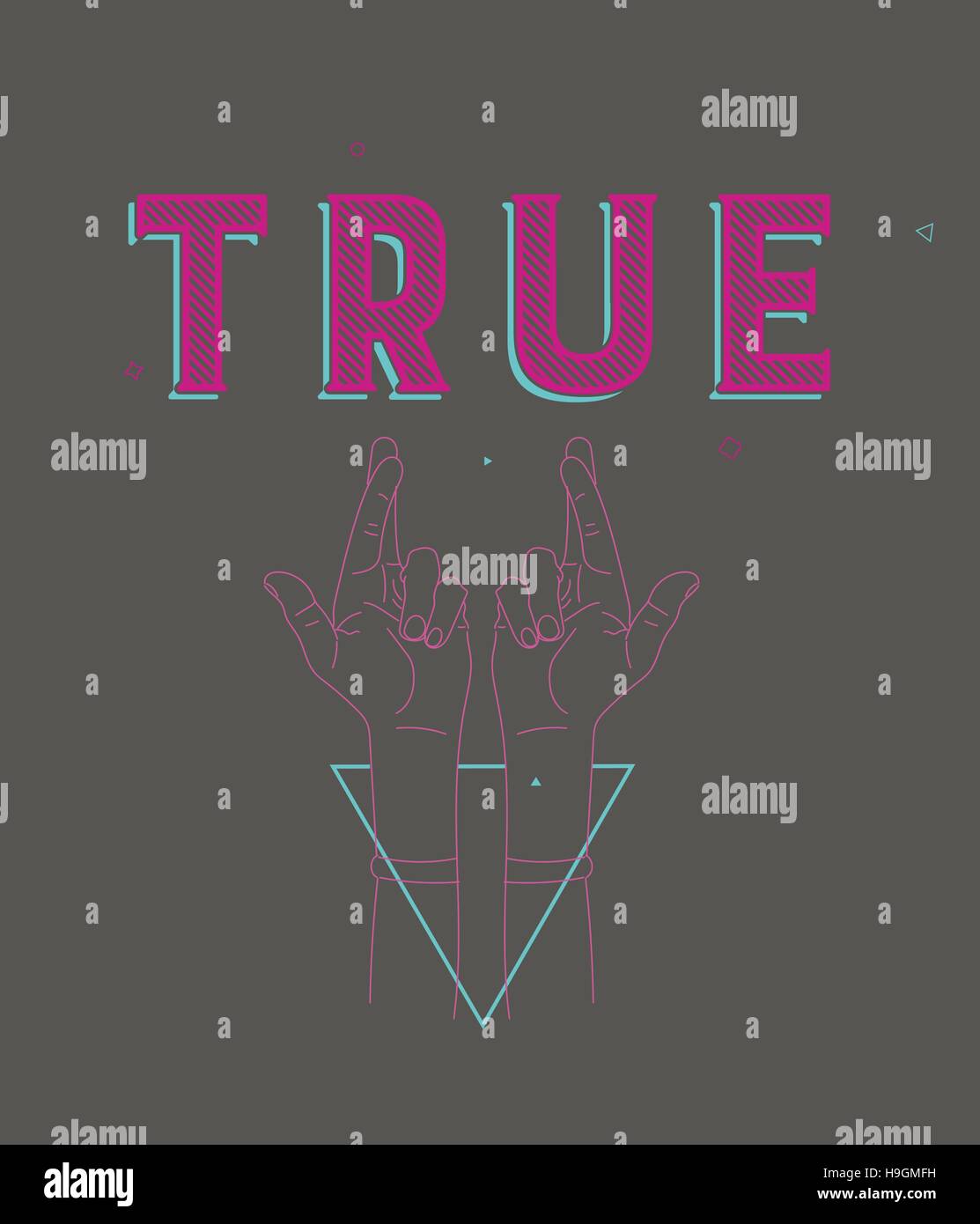 crossed fingers, a symbol of true, with text and geometrical shapes ...