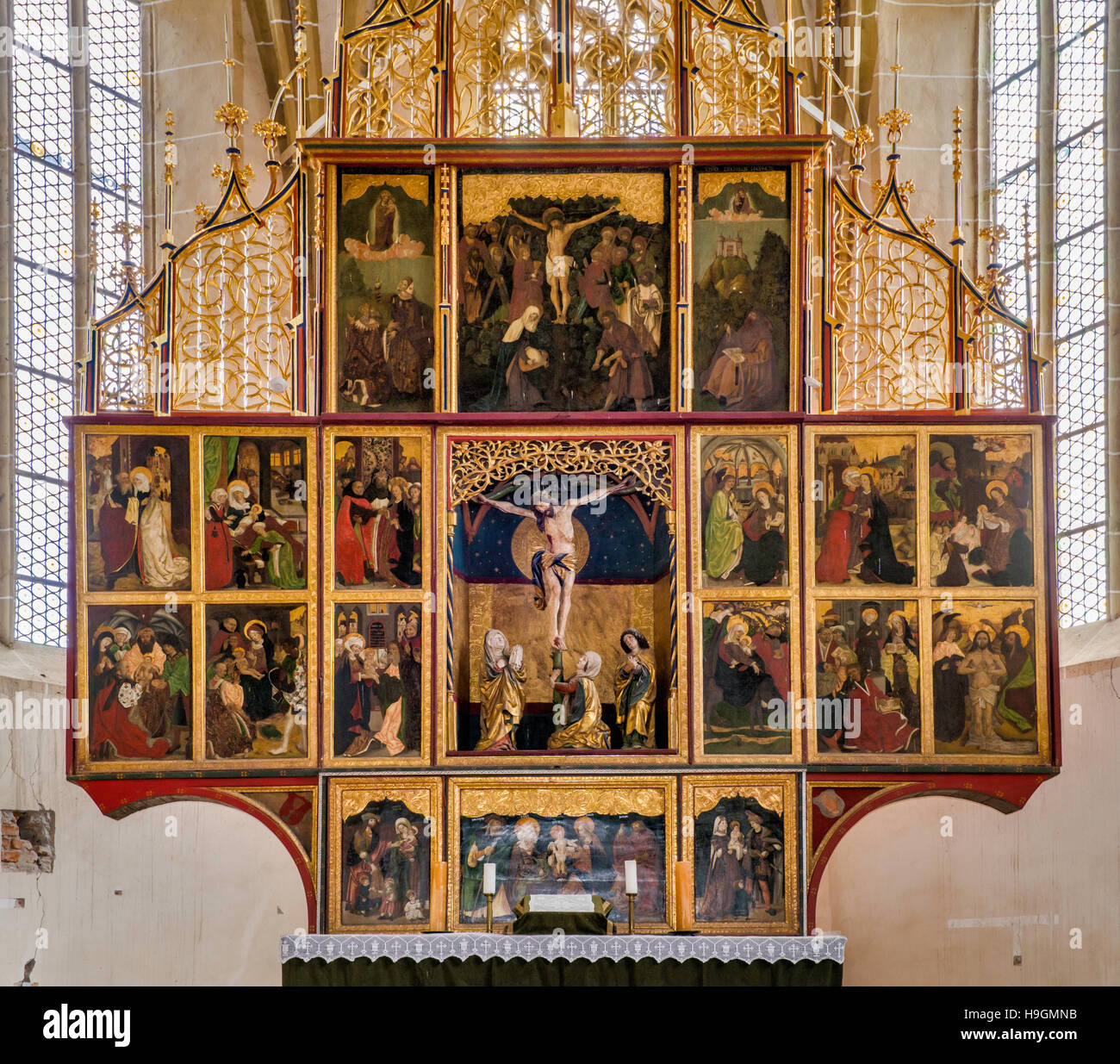 Polyptych altarpiece at fortified medieval Saxon church in village of ...