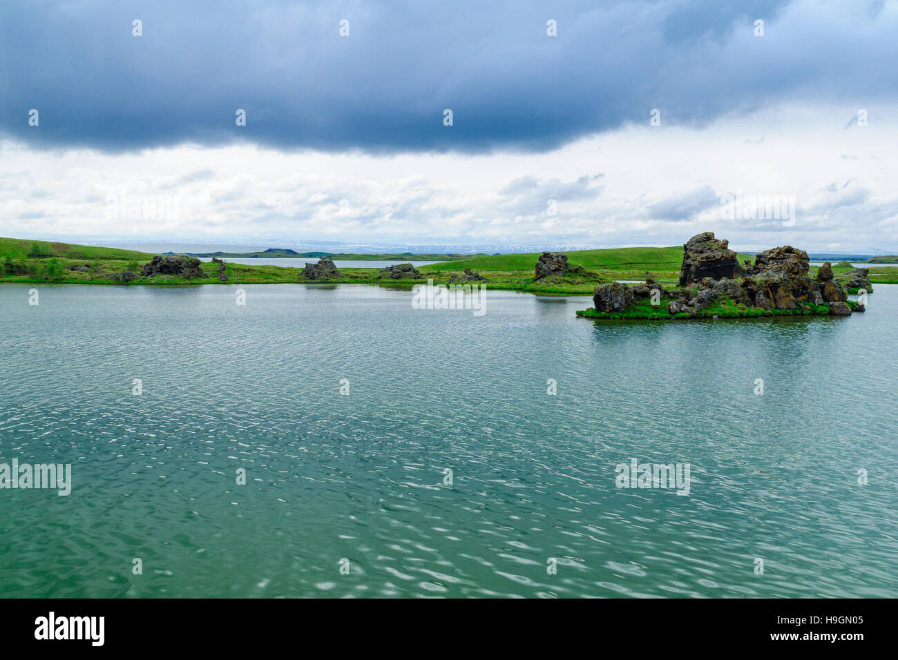 View of Lake Myvatn with various volcanic rock formations, and birds ...