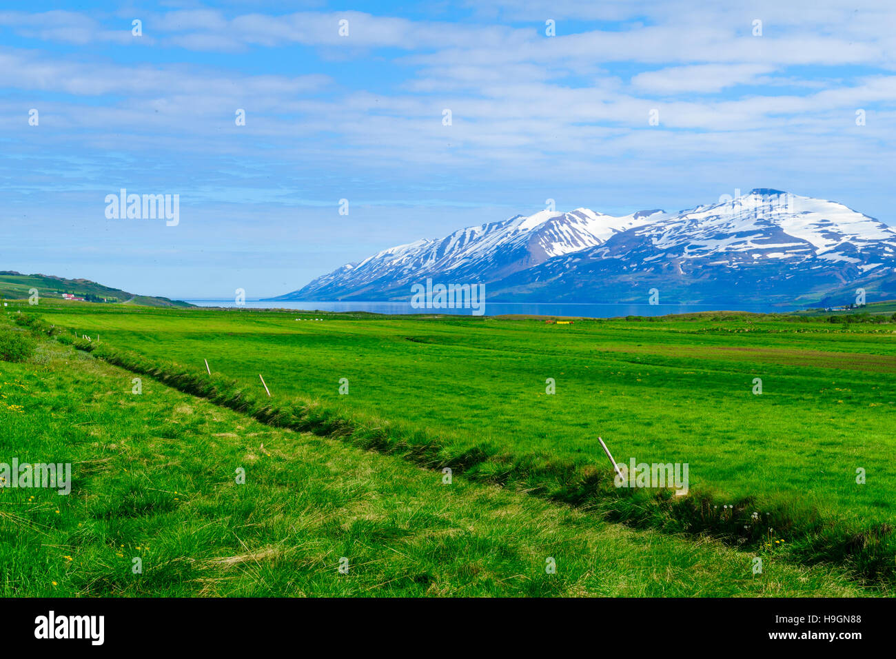 Landscape and countryside along road 82 and the Eyjafjordur fjord ...