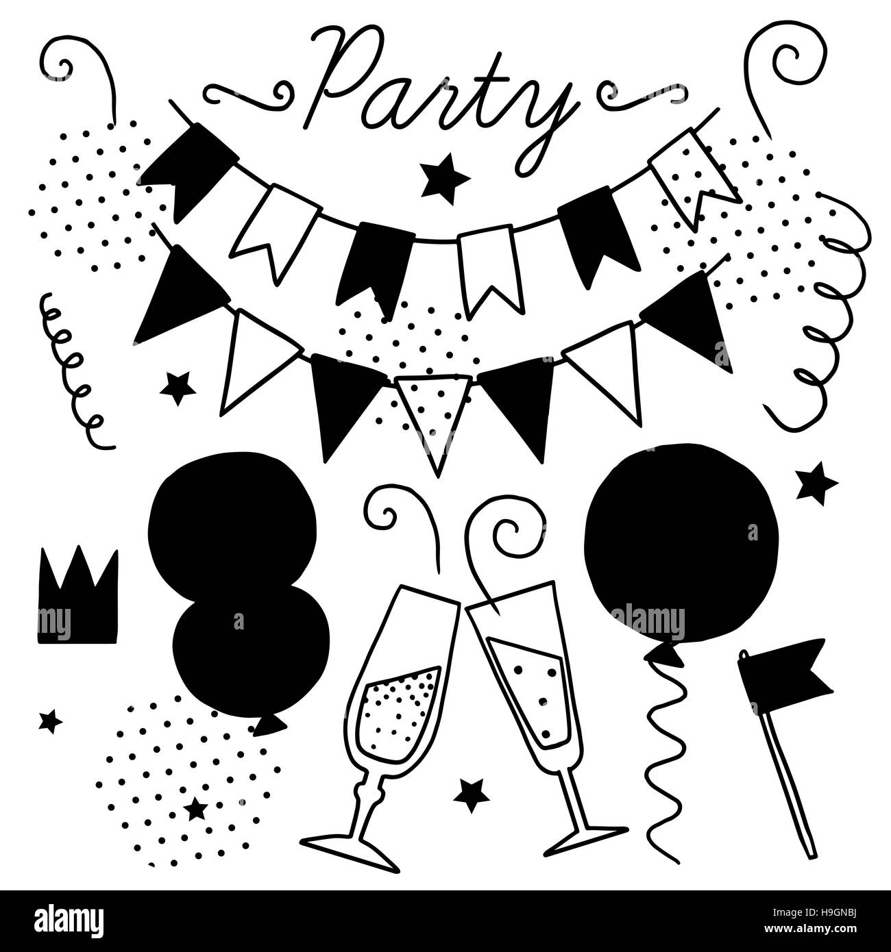 Set of vector black and white elements for party and Birthday isolated ...