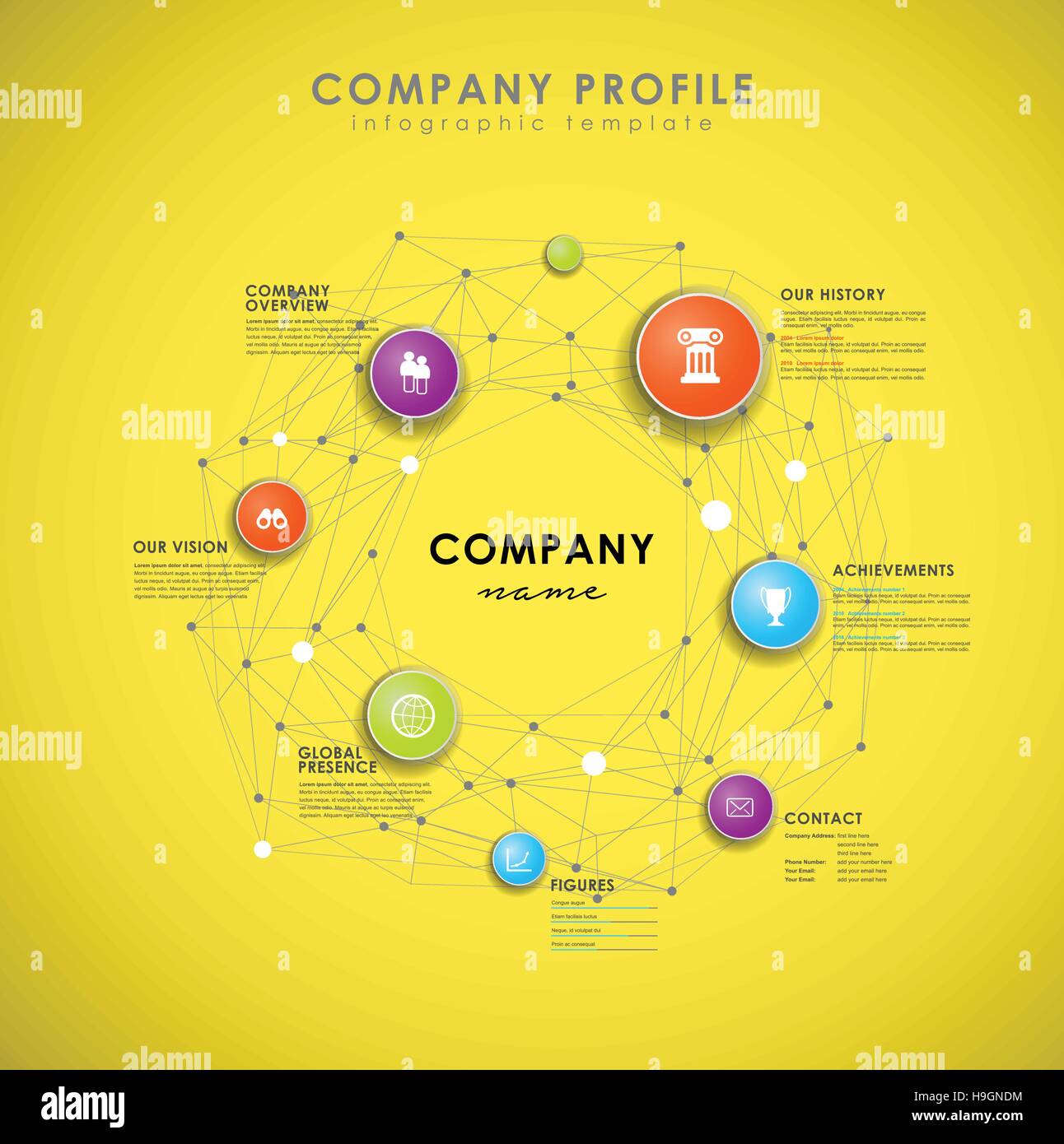 Company profile overview template with colorful circles on yellow ...