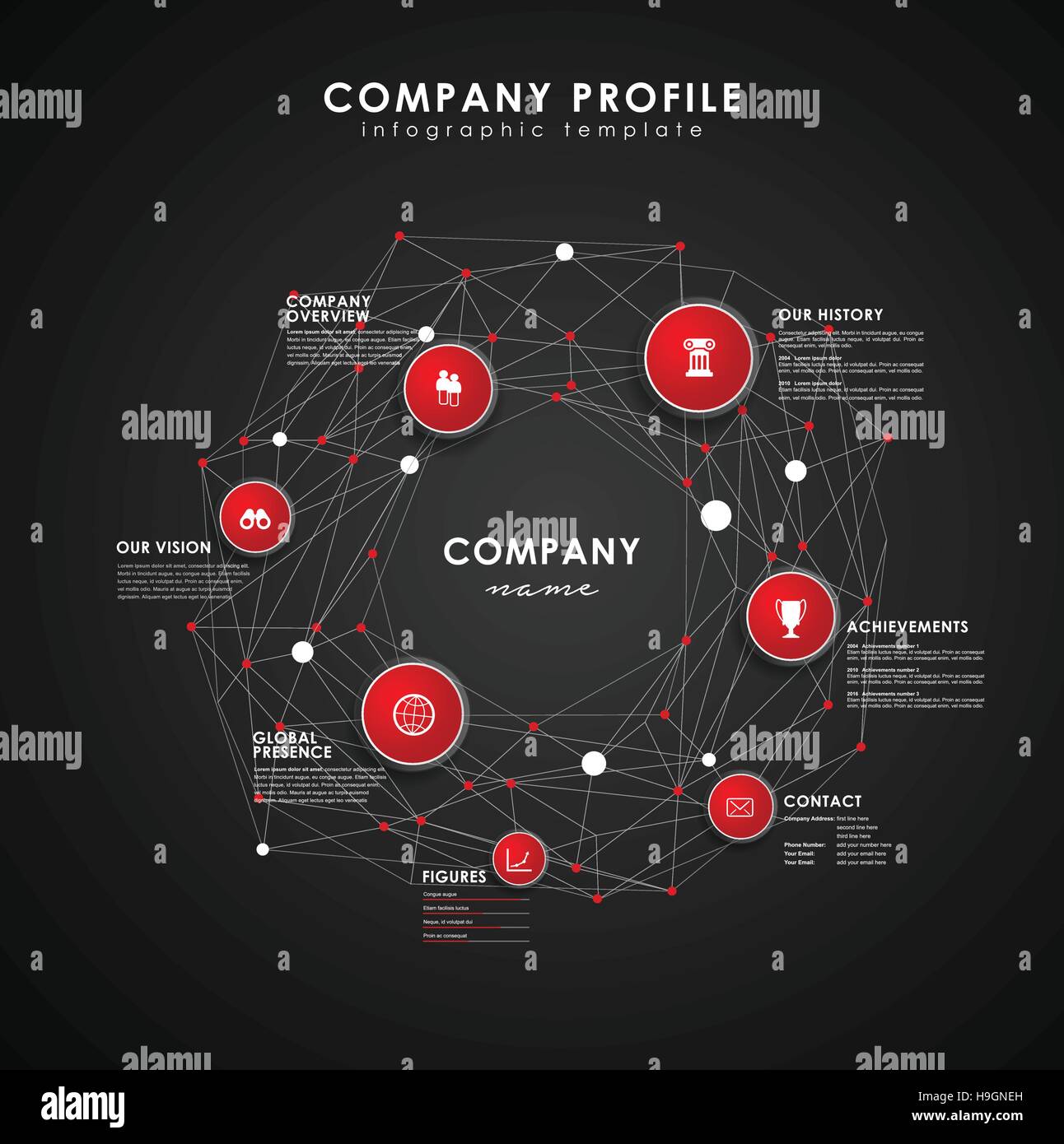 Company profile overview template with red circles and dots - dark ...