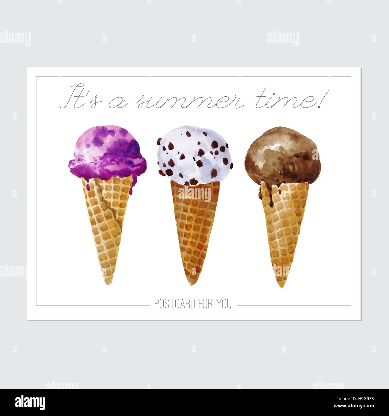 Vector ready to print postcard with watercolor ice creams. Postcard ...