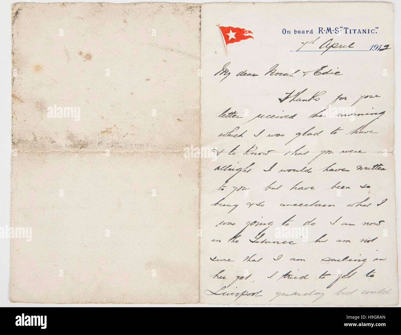 A letter written by Titanic's Chief Officer Henry Wilde dated April 7th ...