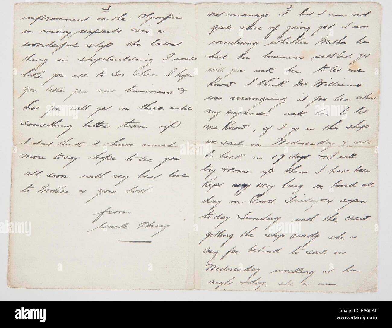 A letter written by Titanic's Chief Officer Henry Wilde dated April 7th ...