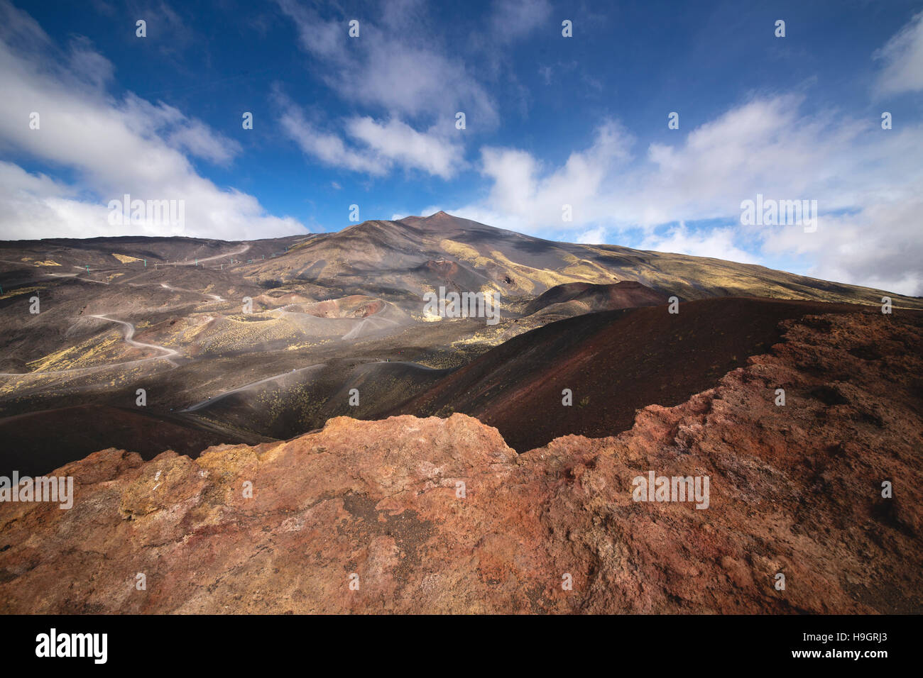 Etna crater and volcanic landscape around mount Etna, Sicily, Italy ...