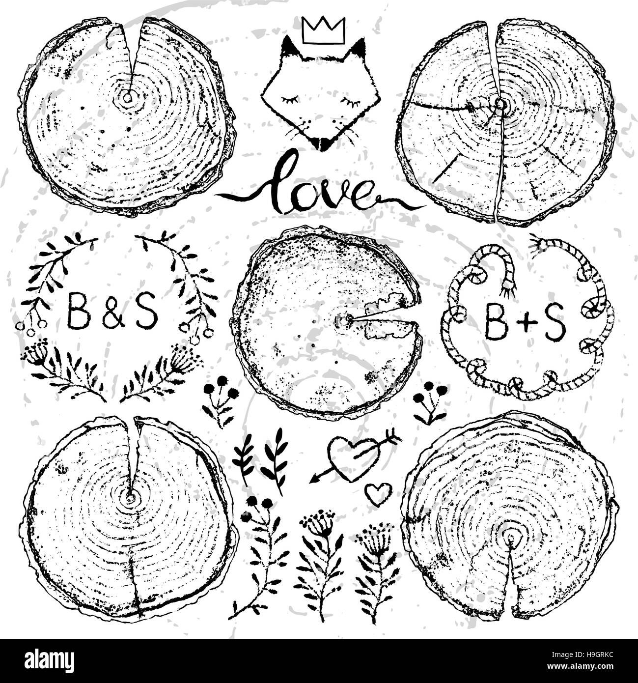 Vector hand drawn wood round split set isolated on white backdrop ...