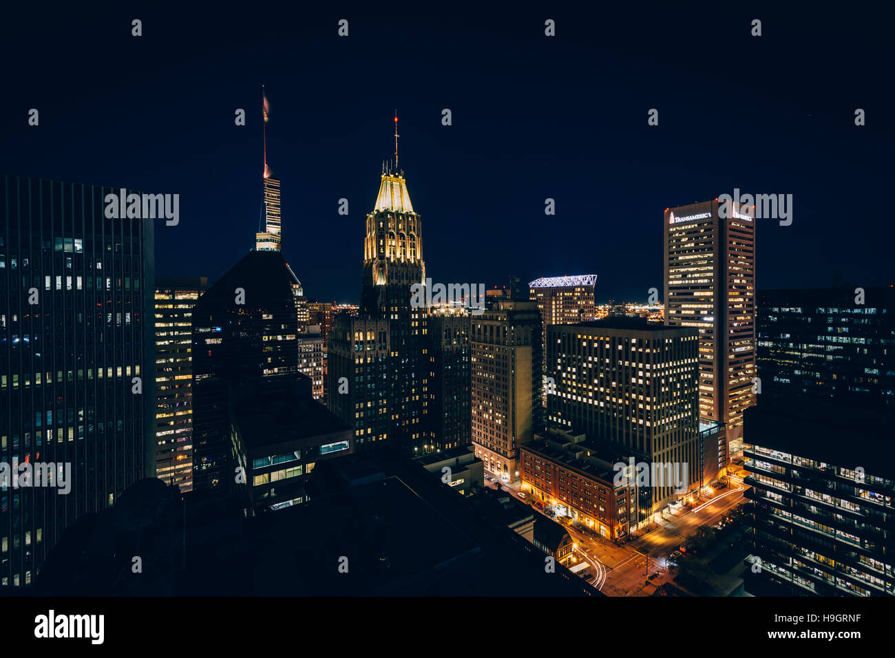 View of buildings in downtown at night, in Baltimore, Maryland Stock ...