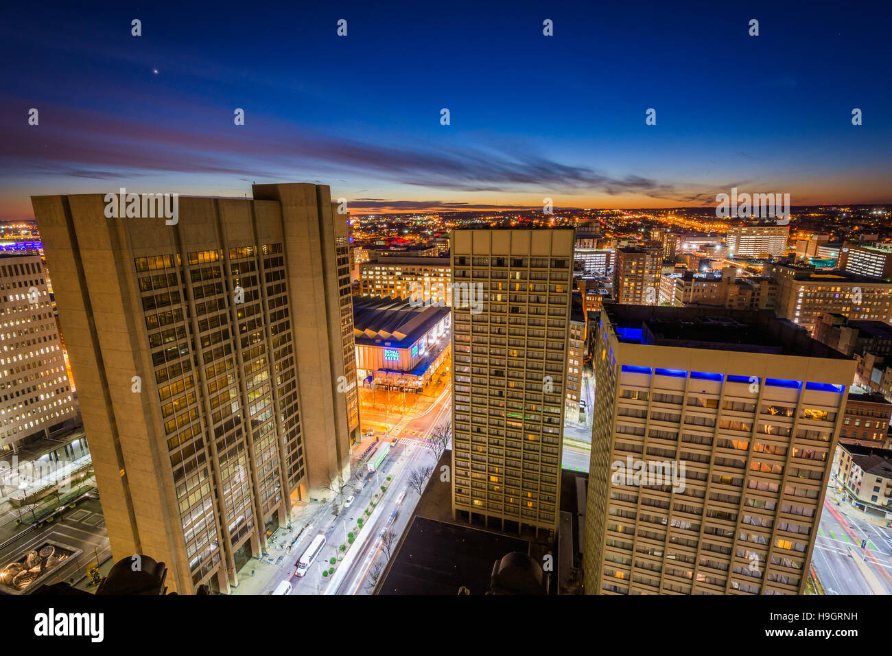View of buildings in downtown at night, in Baltimore, Maryland Stock ...