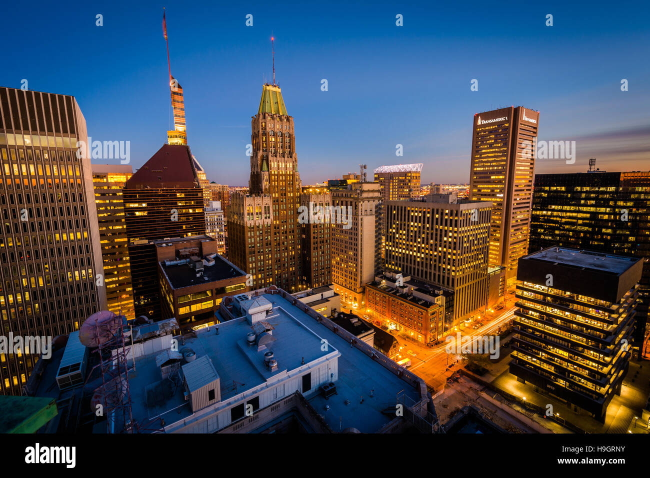 View of buildings in downtown at night, in Baltimore, Maryland Stock ...