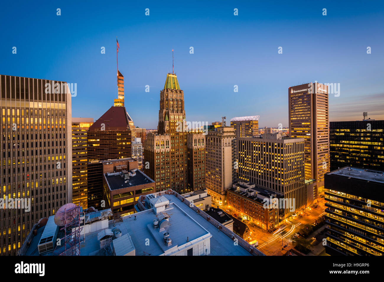 View of buildings in downtown at night, in Baltimore, Maryland Stock ...
