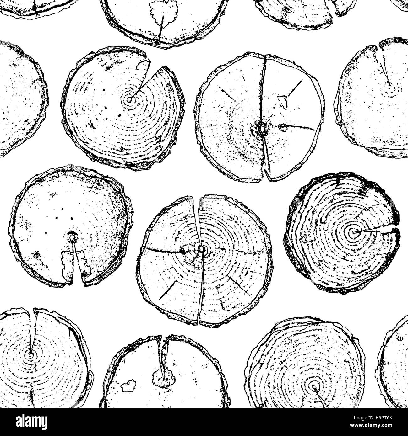 Vector hand drawn wood round split seamless pattern isolated on white ...