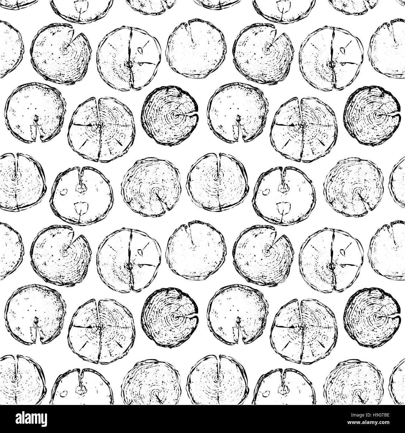 Vector hand drawn wood round split seamless pattern isolated on white ...