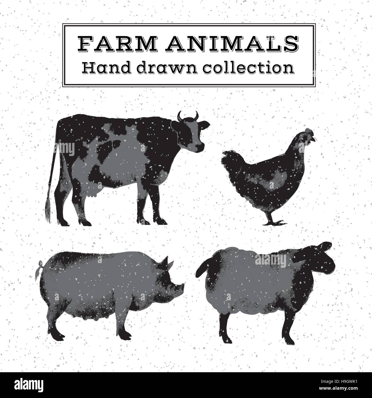 Set of farm animals monochrome isolated hand-drawn for markets and ...