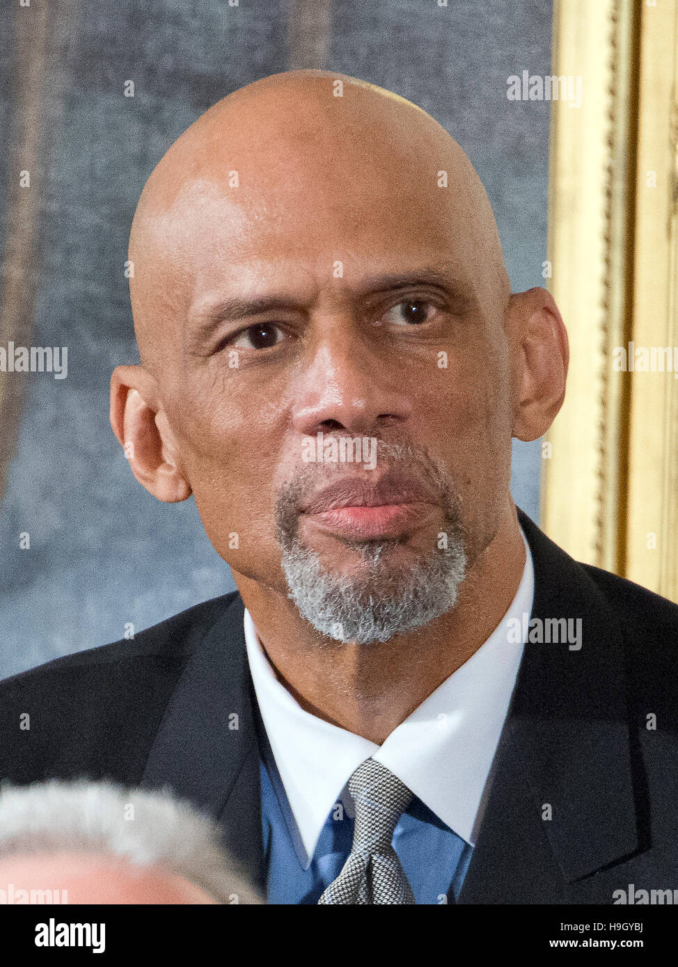 Former NBA star Kareem Abdul-Jabbar looks on as United States President ...