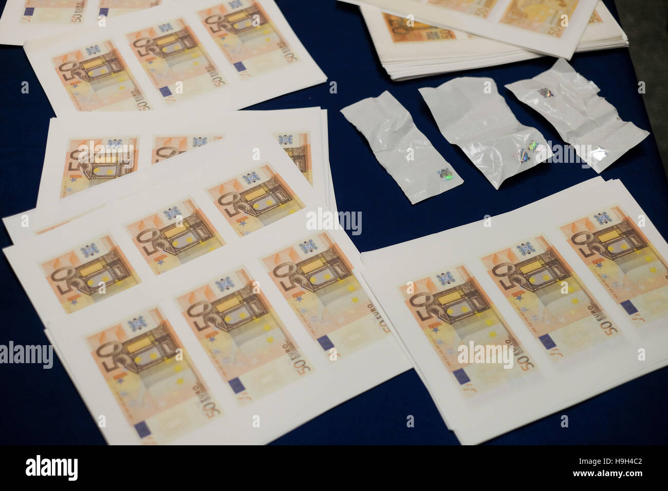 Hamburg, Germany. 23rd Nov, 2016. Fake 50 Euro bills can be seen on a ...