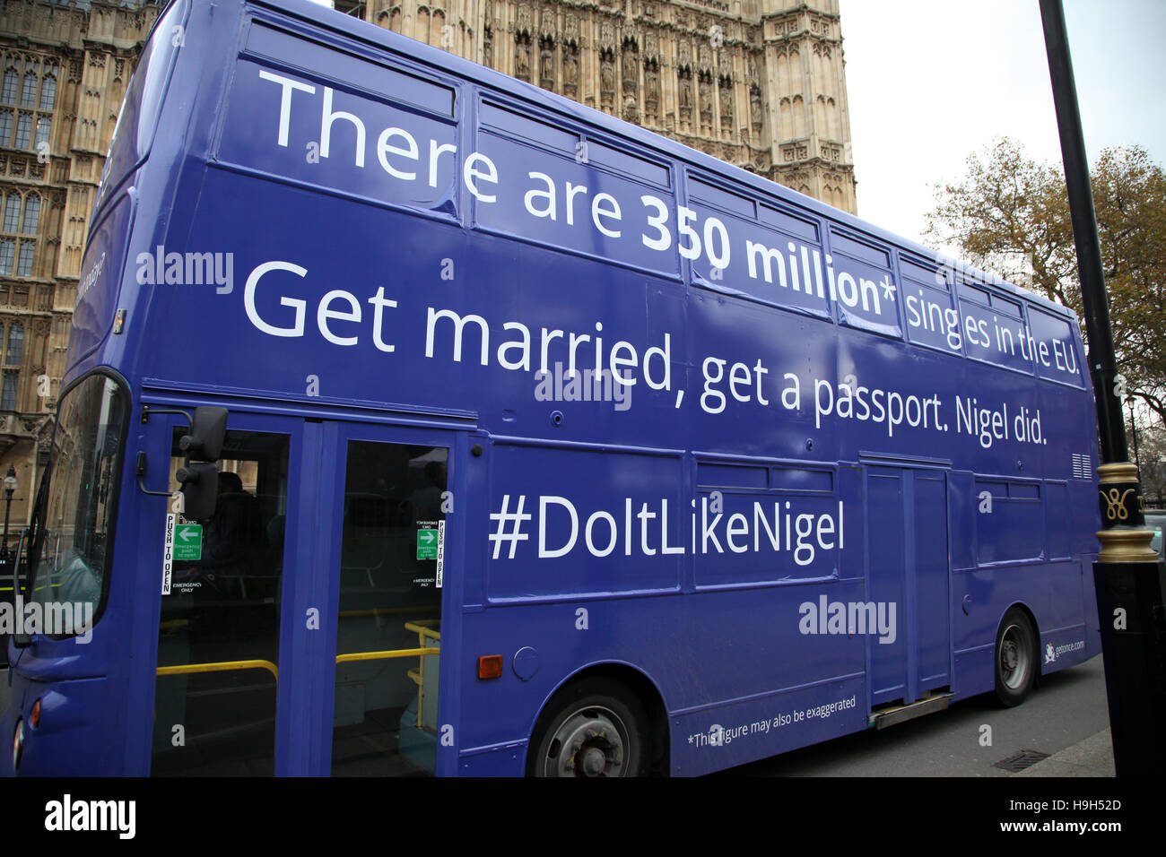 Westminster, London, UK 23 Nov 2016 - An advert campaign blue bus ran ...