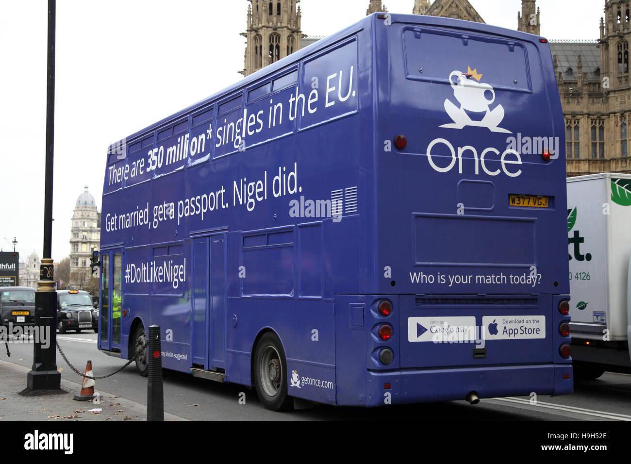 Westminster, London, UK 23 Nov 2016 - An advert campaign blue bus ran ...