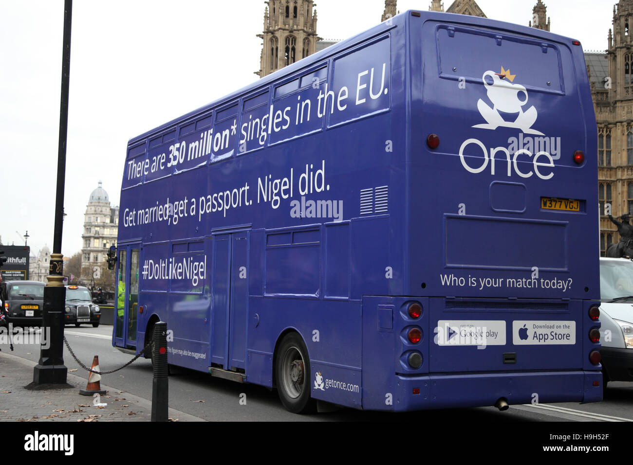 Westminster, London, UK 23 Nov 2016 - An advert campaign blue bus ran ...